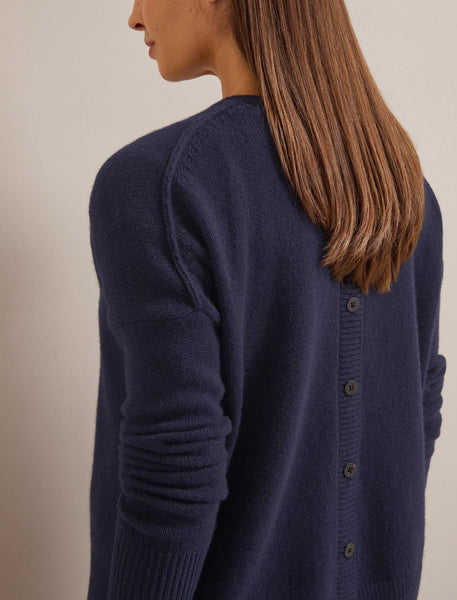 Lainey Boxy Back Button Detail Cashmere Jumper in Navy